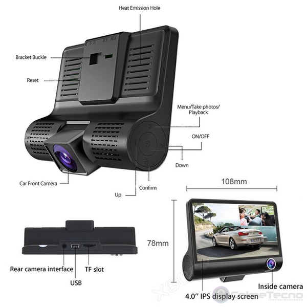 Cámara para Carro DVR 3 en 1 Full HD 1080P Dual Dash Cam – COLMETECNO